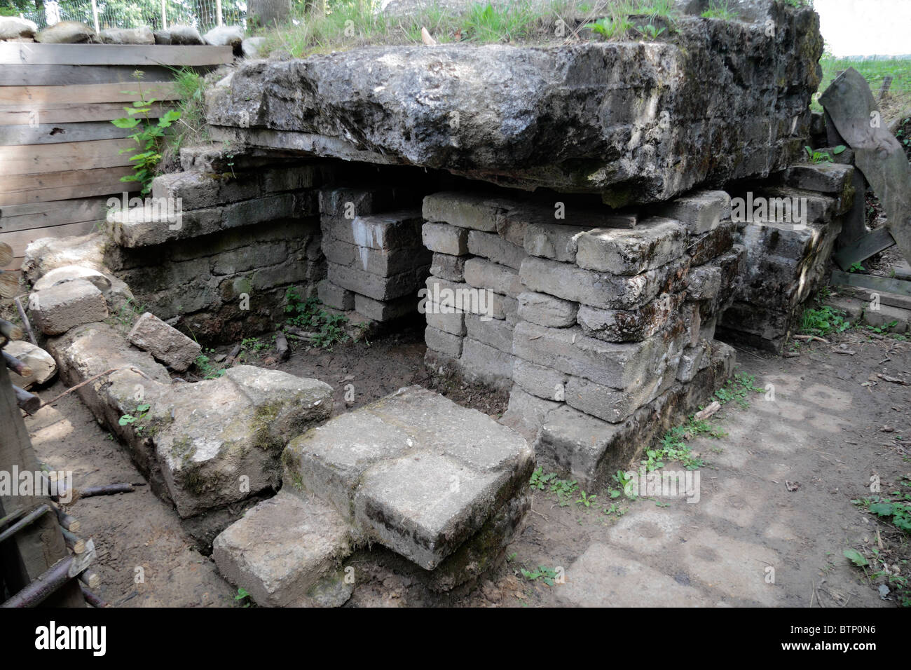 Concrete bunker in a re-constructed German World War One trench system ...