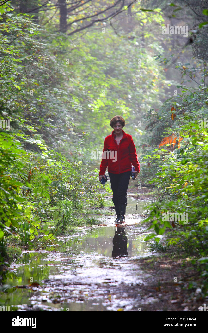 Woman in a red coat walking on a wet / dry forest path with strong ...