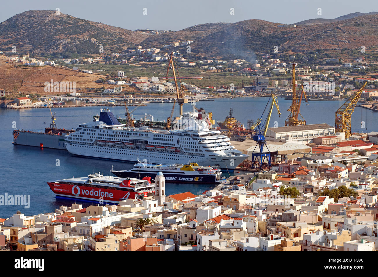 The main port of Ermoupolis and the capital city of the Cyclades, Syros ...