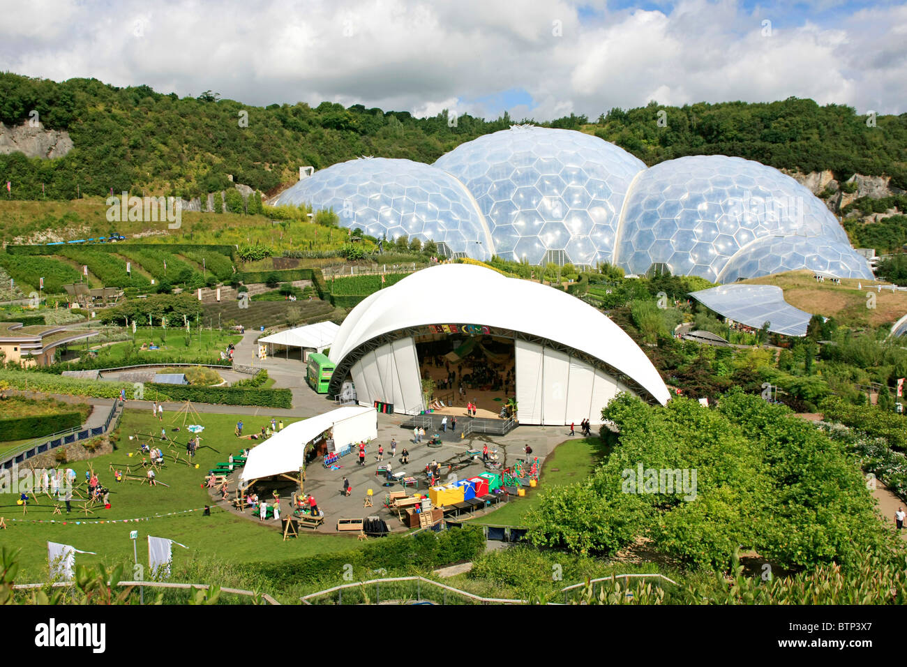 The indoor Biome domes and Stage at the Eden Proect in Cornwall Stock ...