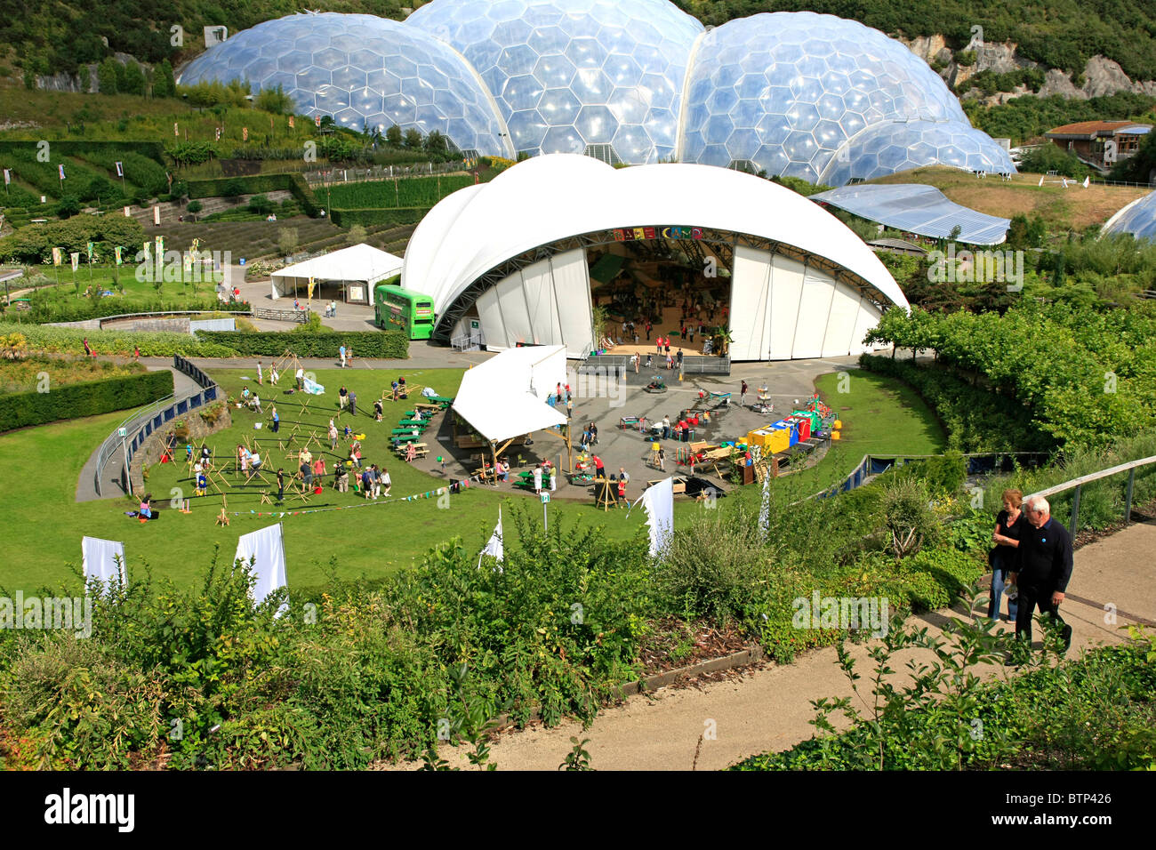 The Indoor Biome domes and Stage at the Eden Proect in Cornwall Stock ...