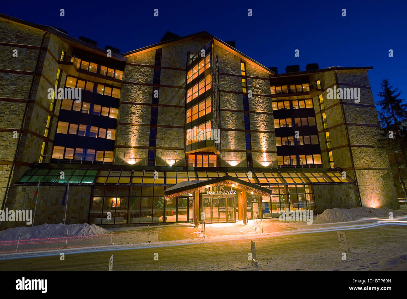 Pamporovo, a famous ski resort, Rodopi mountains, modern hotel by night ...