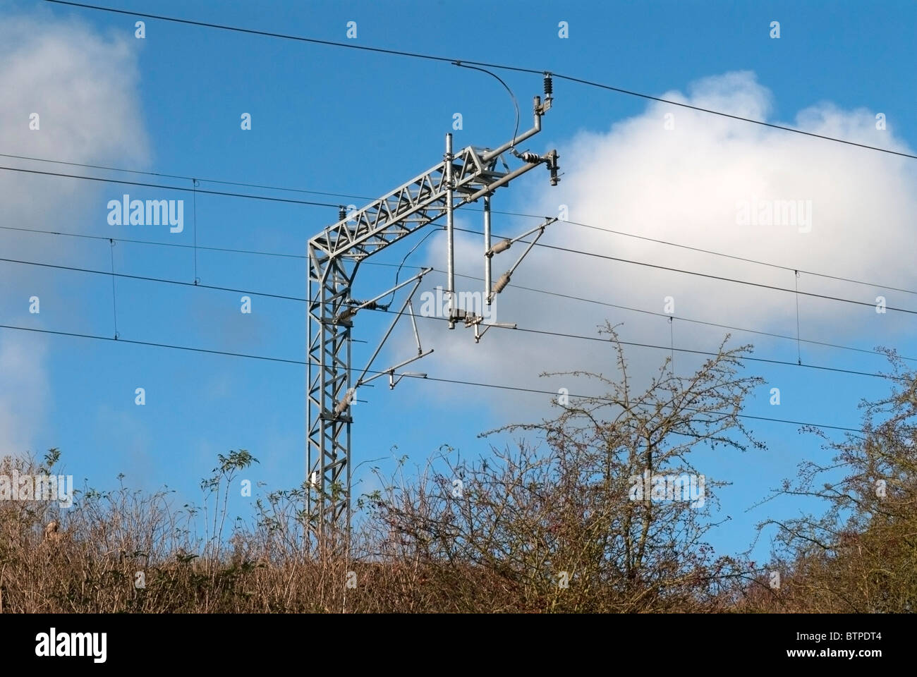 Railway Gantry and Power Lines Stock Photo - Alamy