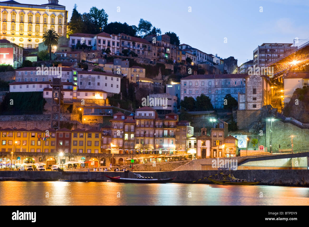 Cais da Ribeira area, Dusk, Douro River, Porto, Portugal Stock Photo ...