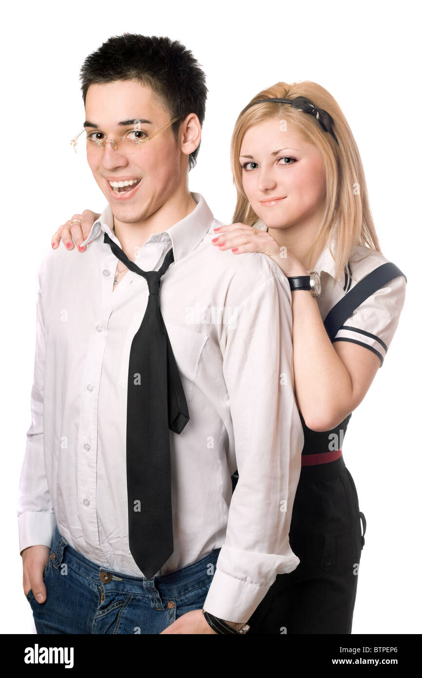 Portrait of cheerful student pair. Isolated on white Stock Photo - Alamy
