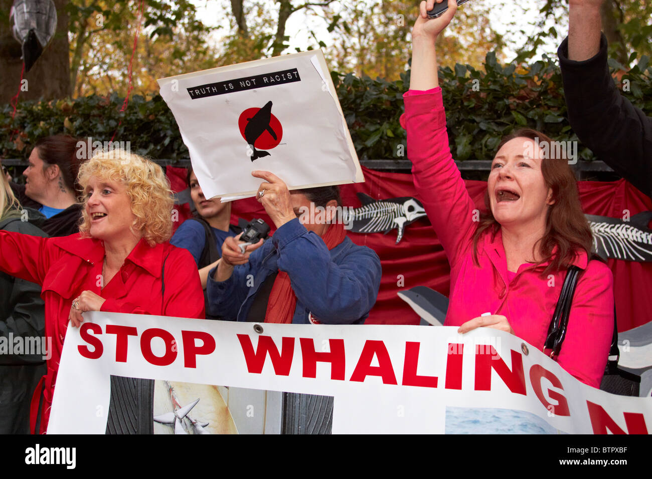 Protesters during an anti-whaling protest outside the Japanese embassy ...