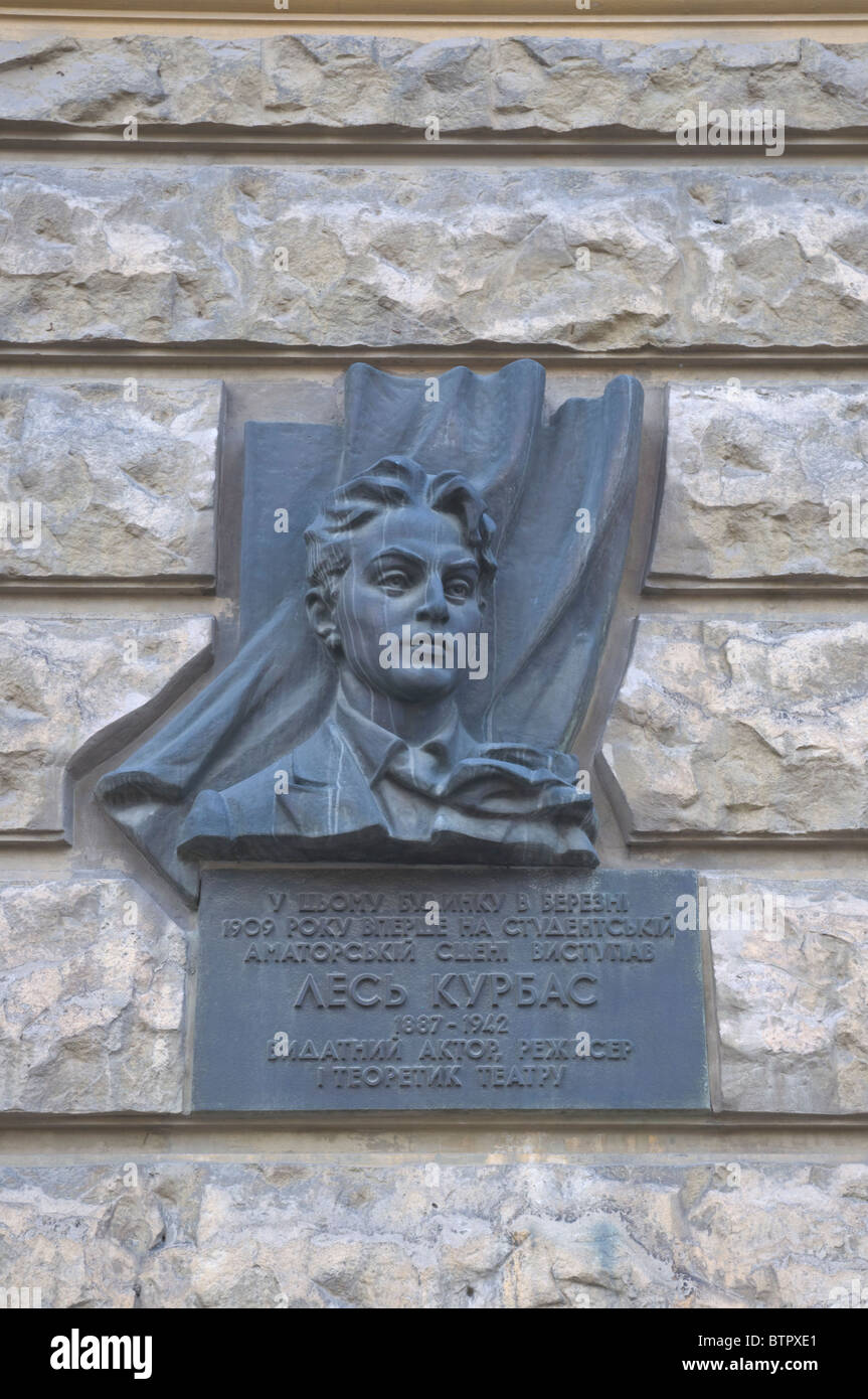 Memorial plaque on wall of a building central Lviv western Ukraine ...