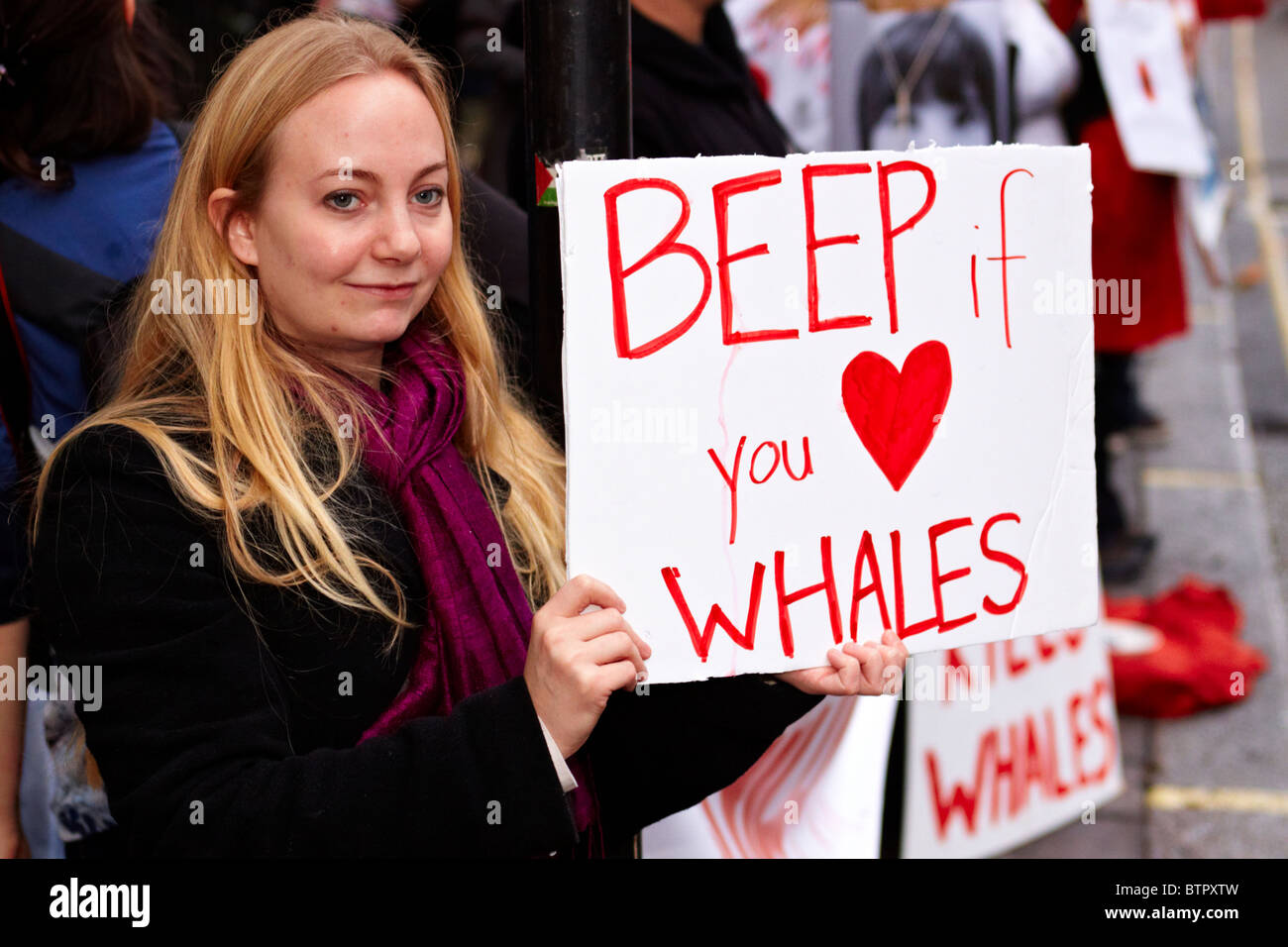Protester during an anti-whaling protest outside the Japanese embassy ...