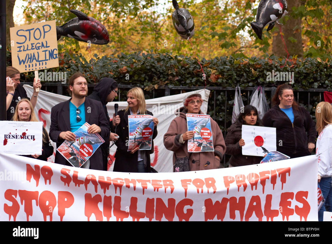 Protesters during an anti-whaling protest outside the Japanese embassy ...