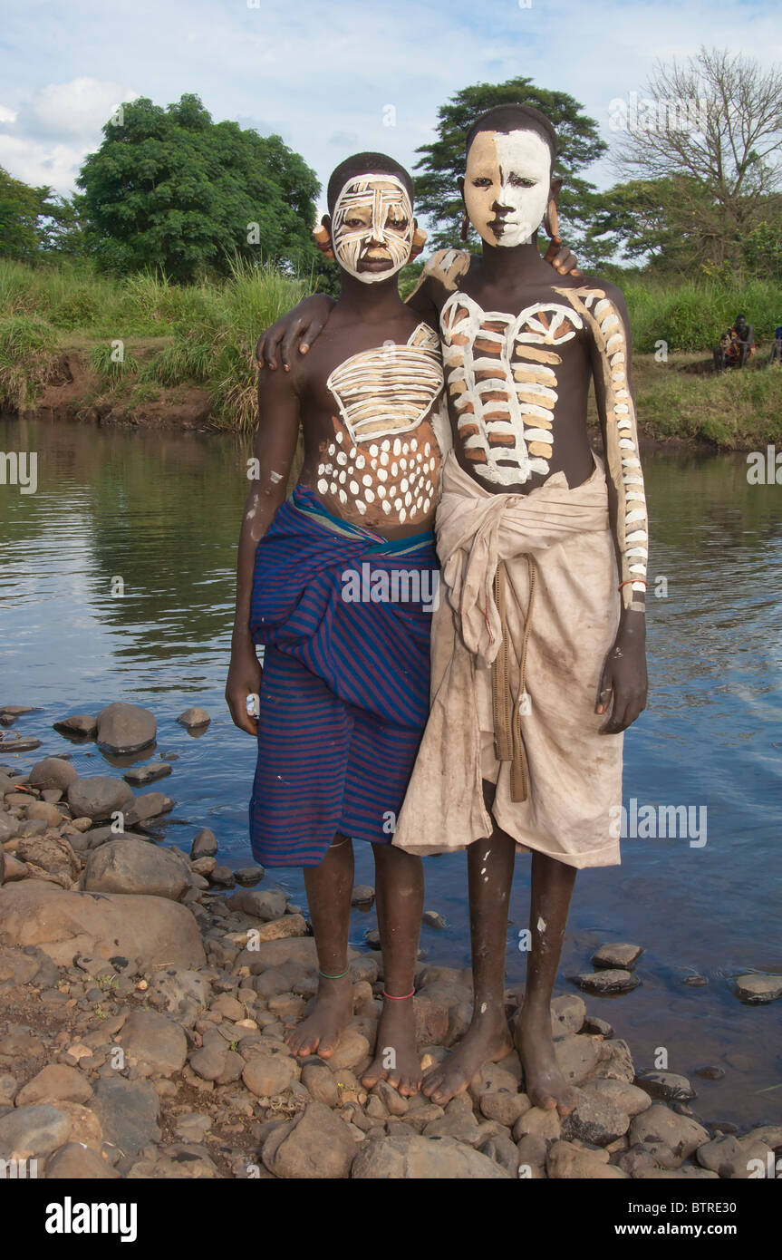 Two Surma girls with body paintings and ear plates, Kibish, Omo River ...