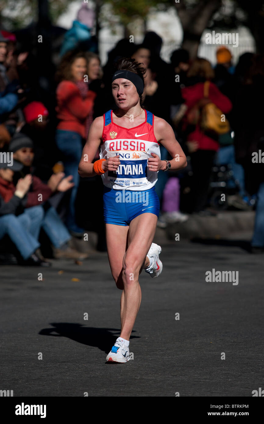 Tatyana Pushkareva of Russia running in 2010 New York City Marathon. She finished 15th in the ...