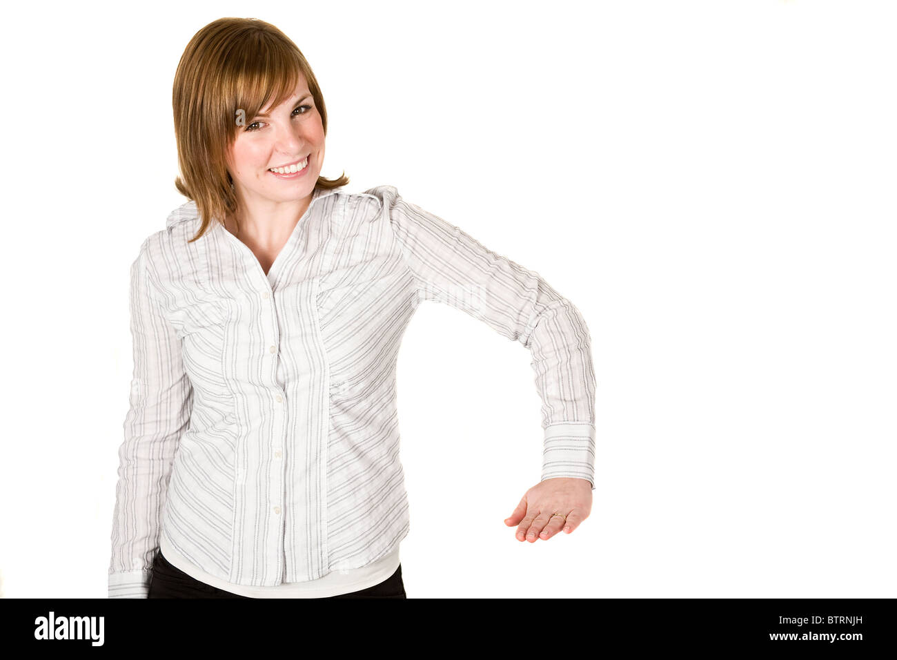 Young woman leaning or pressing with her hand Stock Photo - Alamy