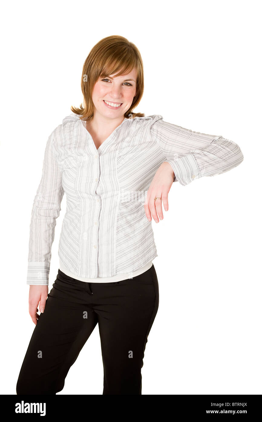 young professional woman leaning with elbow resting on object Stock ...