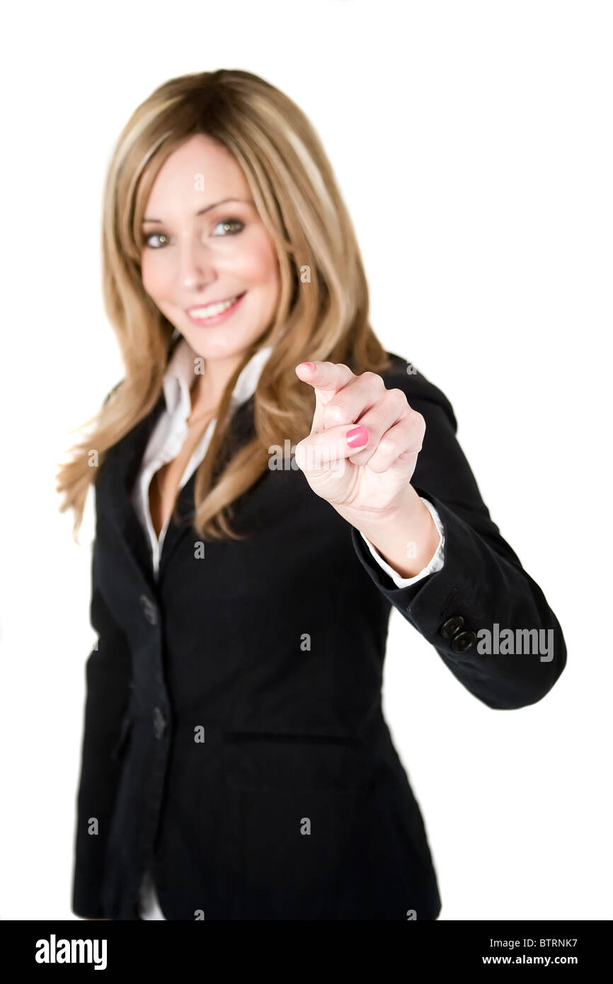 A young professional woman pointing finger isolated on white Stock ...