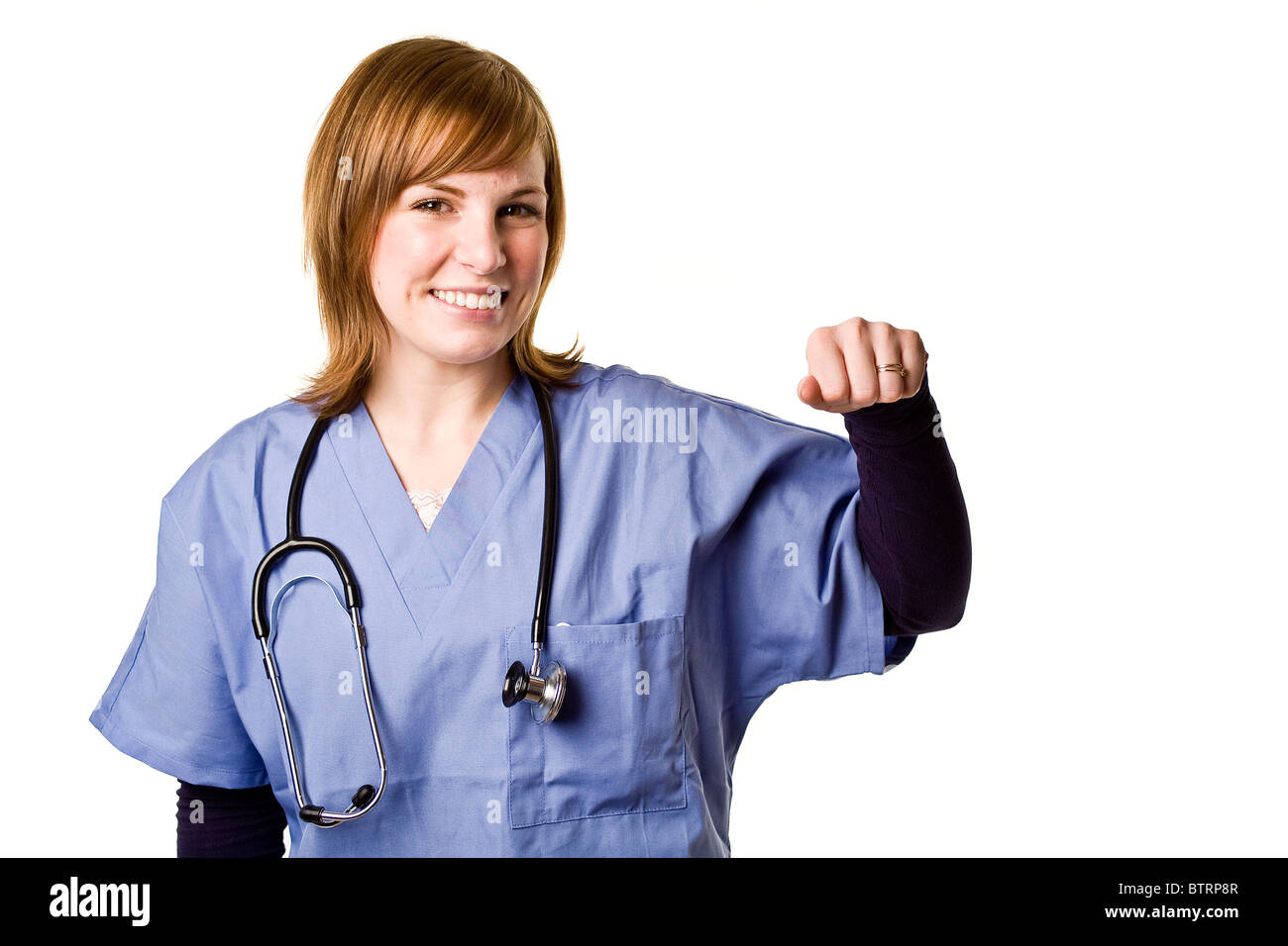 nurse holding up sign or object isolated on white background Stock ...
