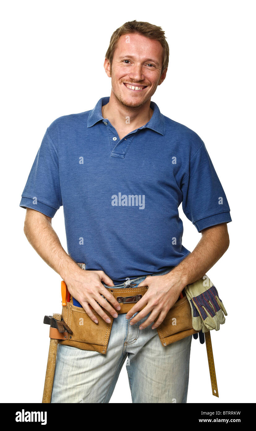 standing handyman portrait isolated on white background Stock Photo - Alamy