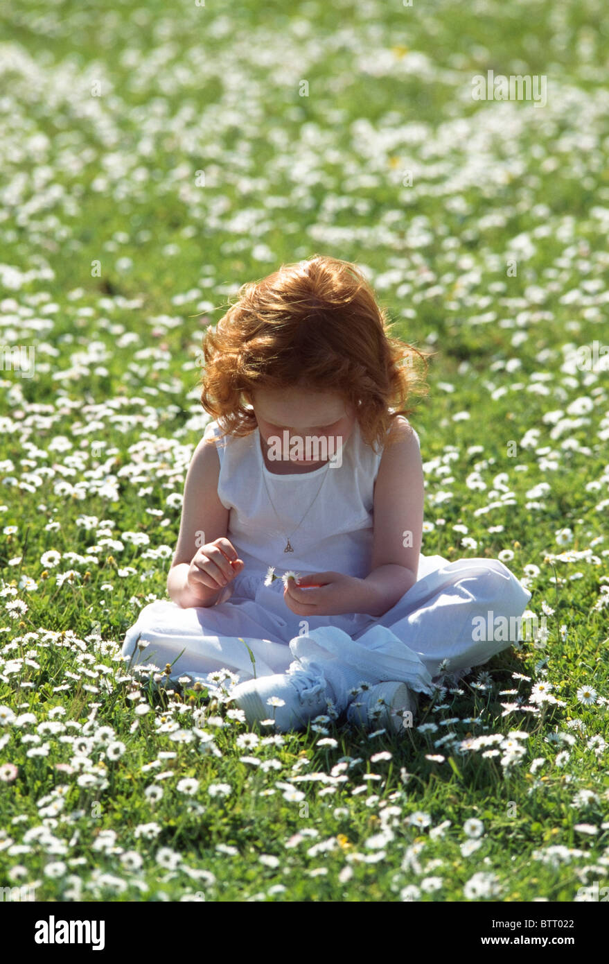 Girl Sitting In A Field Of Flowers Stock Photo - Alamy