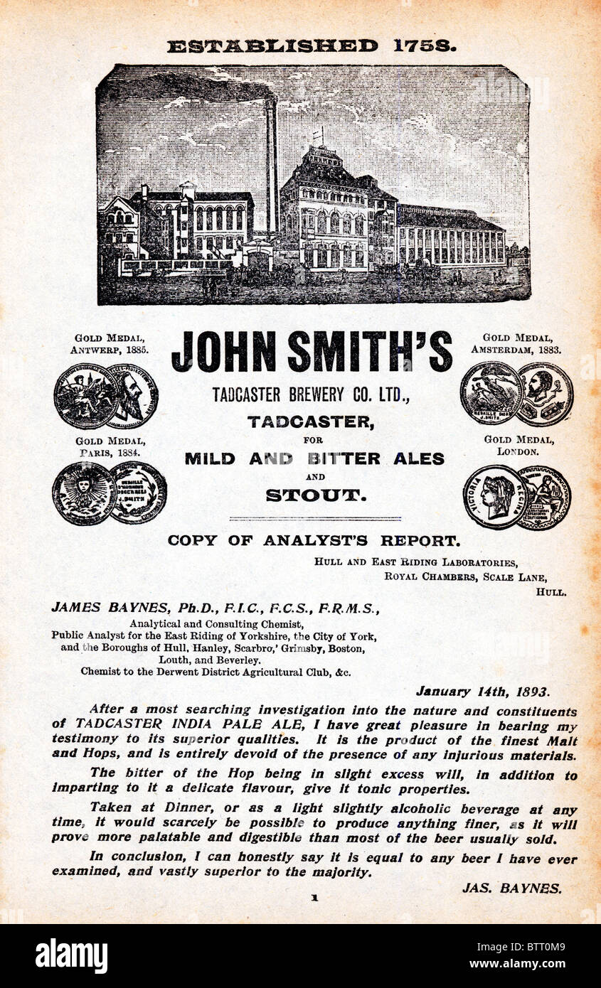 John Smiths, Tadcaster Brewery, late Victorian advert for the Yorkshire ...