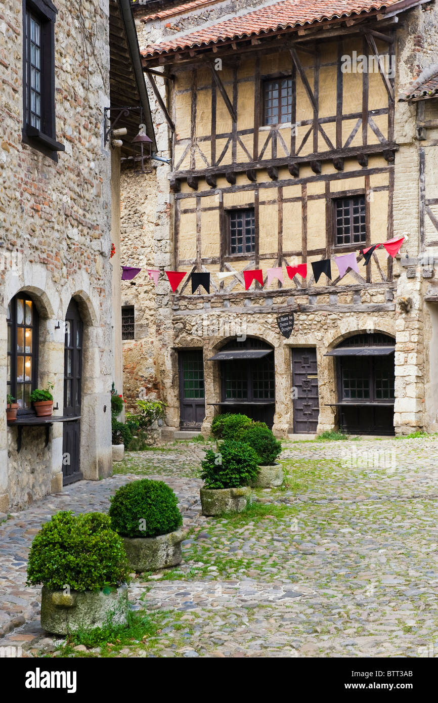Place de la Halle square, Medieval walled town of Perouges, France ...
