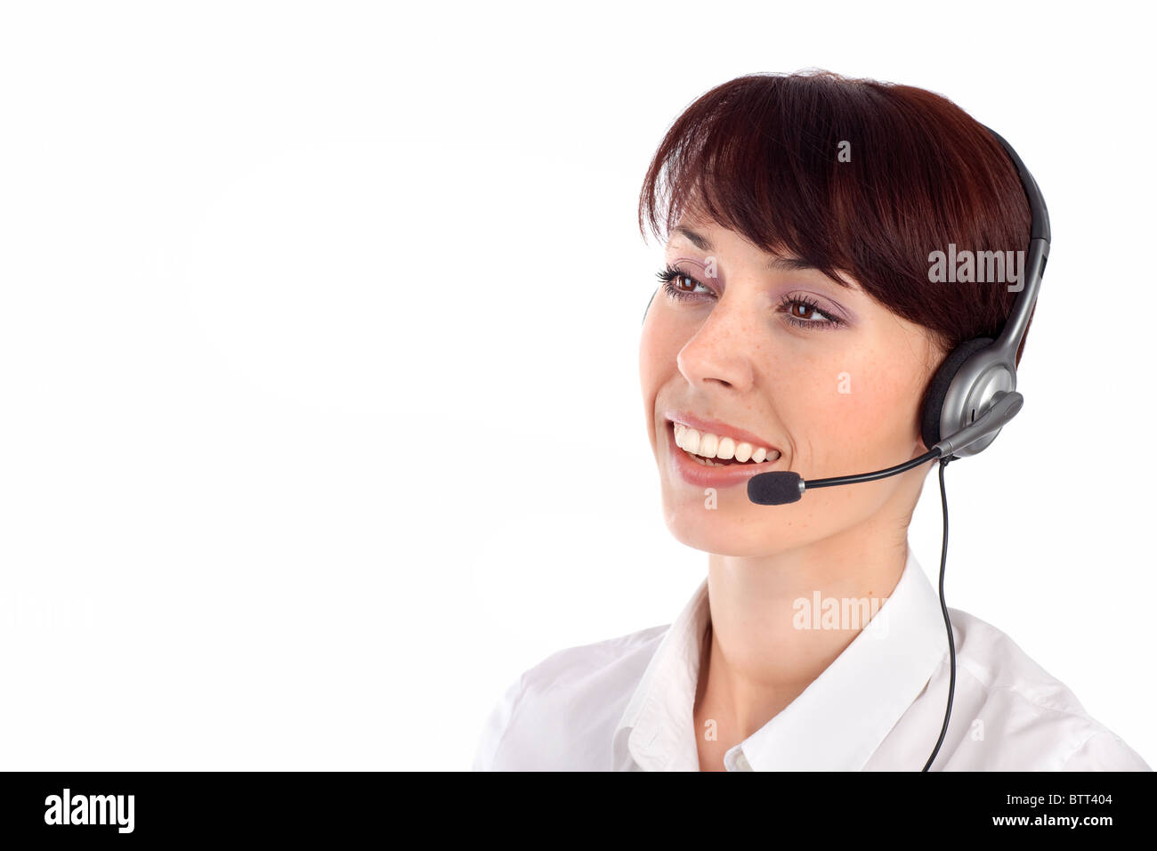 Female customer service representative smiling, isolated on white ...