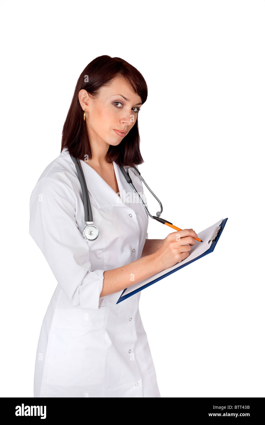 Young confident female doctor ready for medical examination, isolated ...