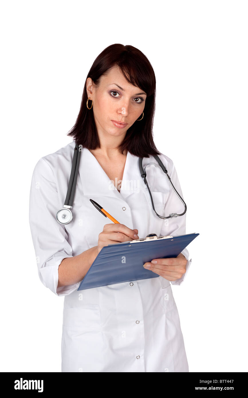 Young confident female doctor writing on a medical chart, isolated on ...