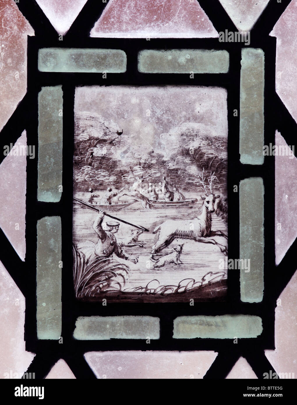A stained glass window depicting deer hunting with dogs, Flemish School ...