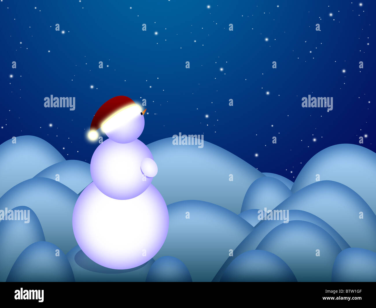 Snowman with christmas cap is watching to night sky with stars Stock ...