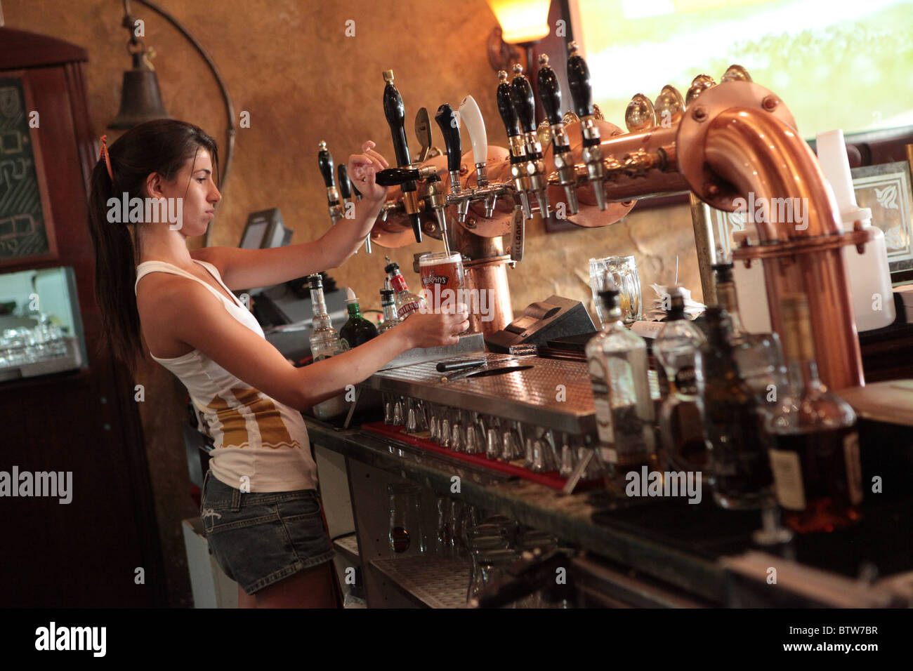 Interior of an Irish style pub draught beer taps. Barmaid pouring a ...