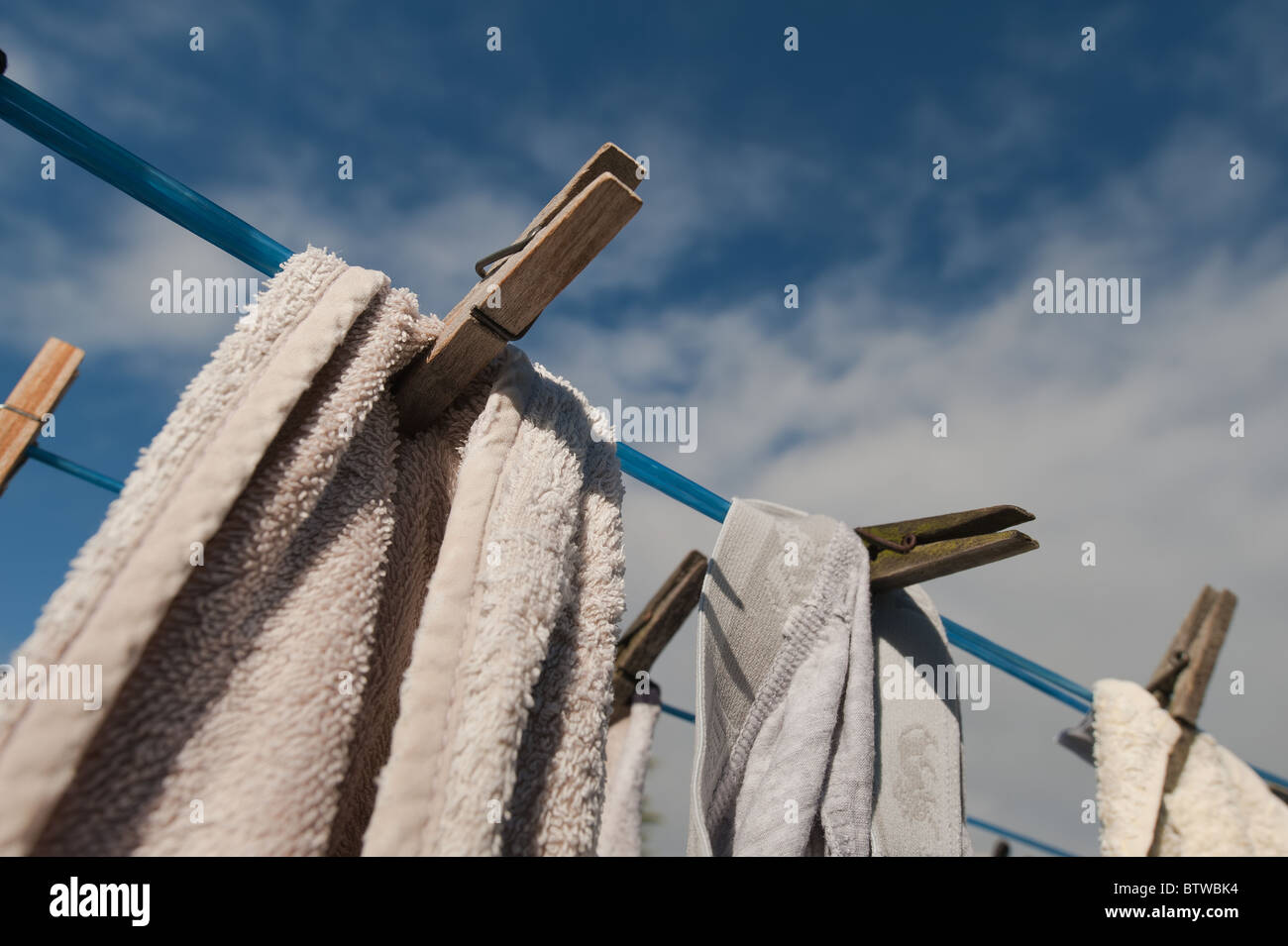 washing hanging out to dry viewed from low angle daily chore Stock ...