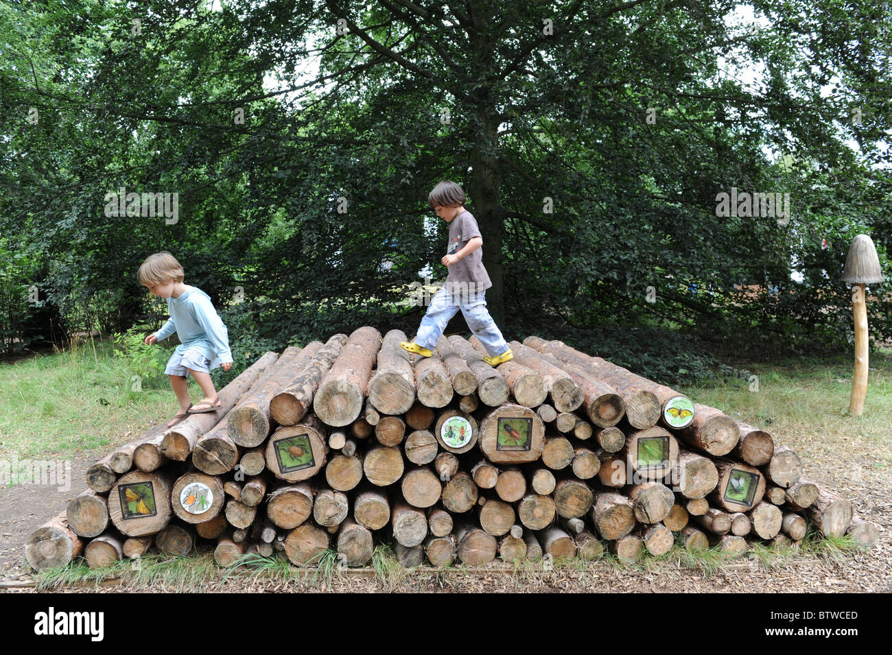 children playing on kew gardens log pile Stock Photo - Alamy