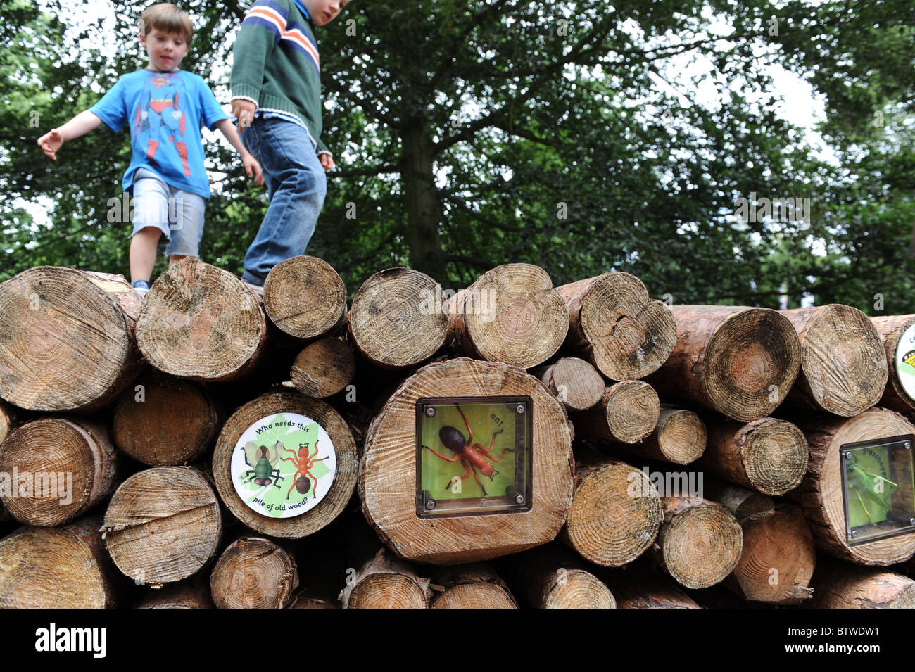 children playing on kew gardens log pile Stock Photo - Alamy