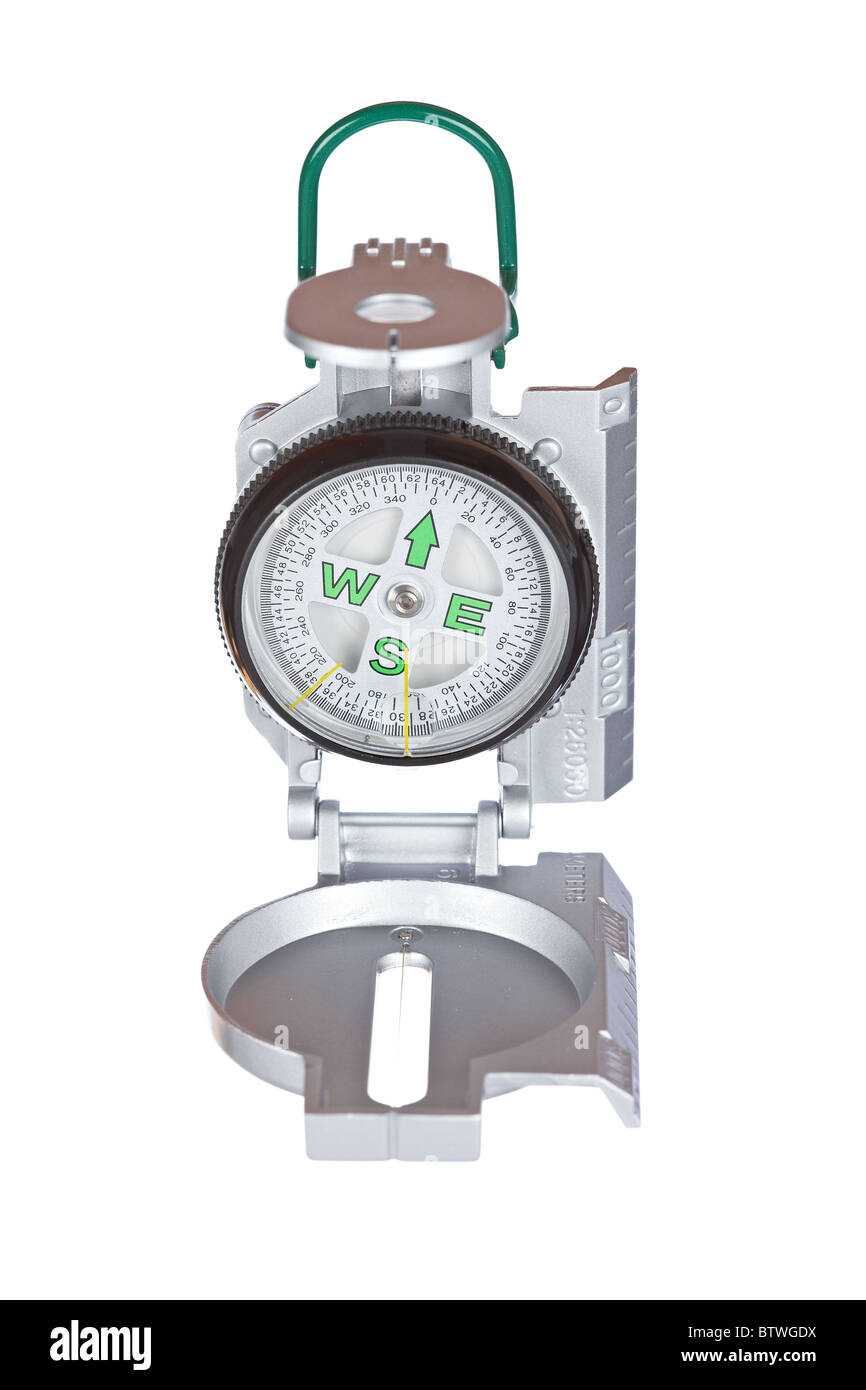 Compass with focus on the south over a white background. Shallow depth ...