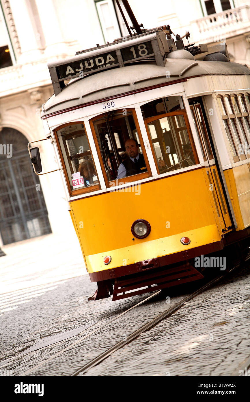 electrical powered tram making its way through Lisbon streets Stock ...