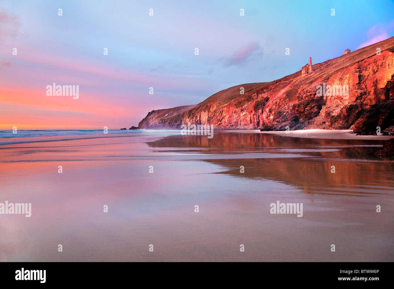 Chapel Porth; sunset; looking towards Wheal Coates engine house ...