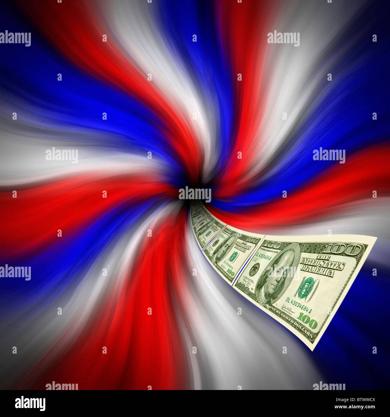 Streams of $100 bills flowing out of a red white and blue vortex Stock ...