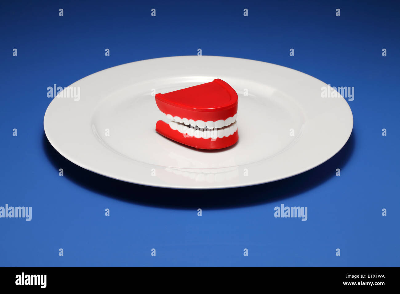 One set of plastic gums and teeth on a white dinner plate Stock Photo ...