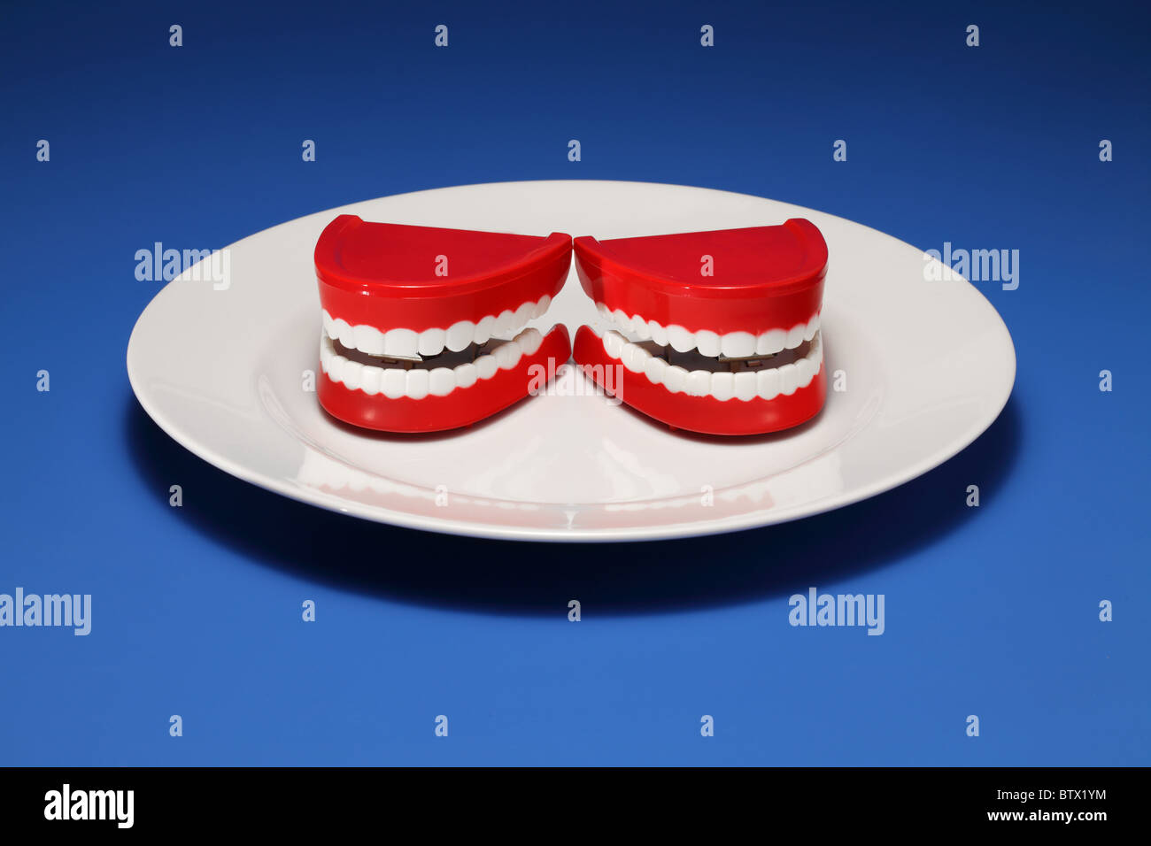 Two plastic gums and teeth on a white dinner plate Stock Photo - Alamy