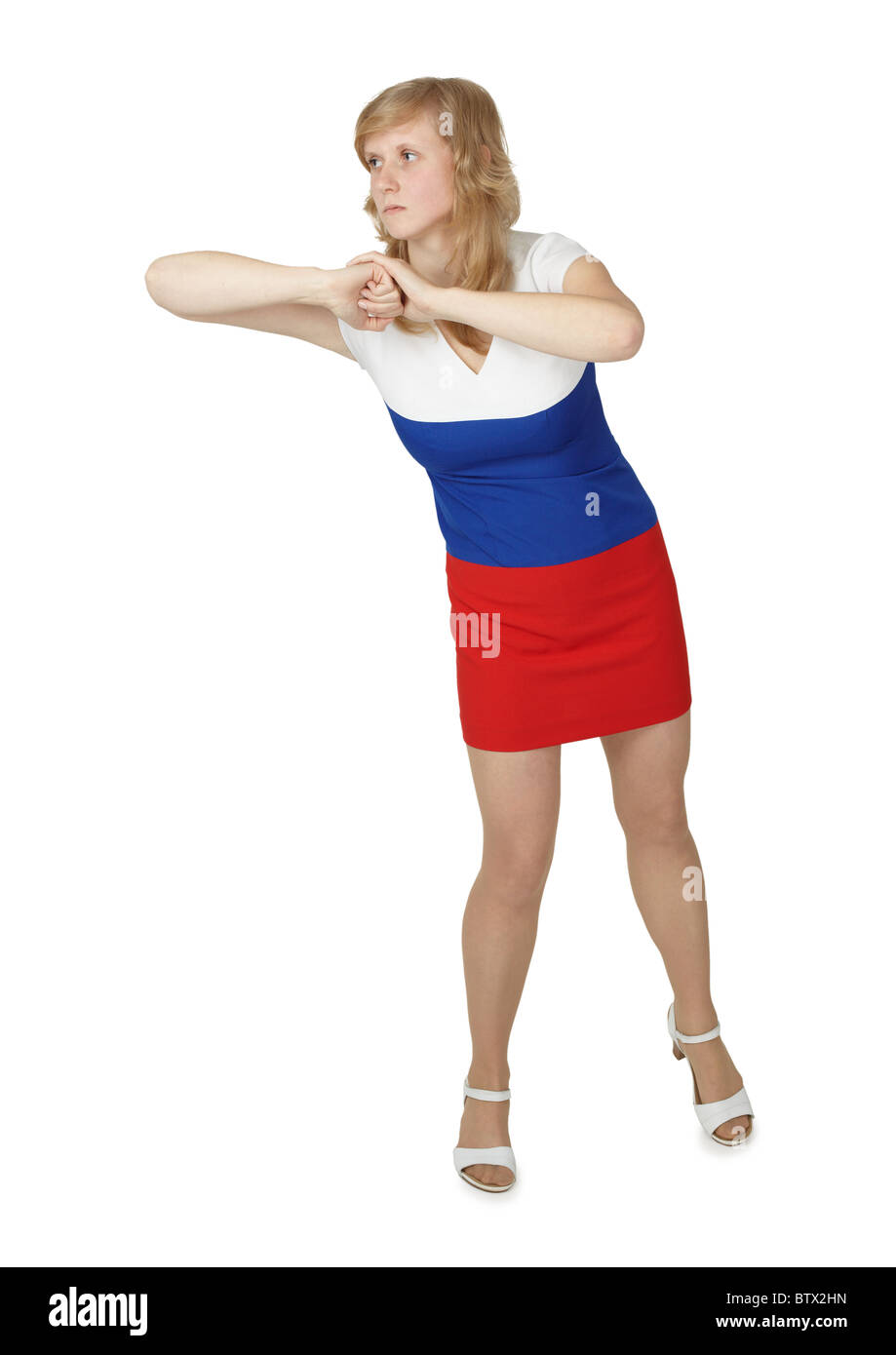 Young woman strikes elbow isolated on a white background Stock Photo ...