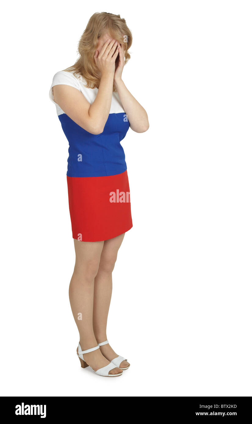 Weeping woman standing on a white background Stock Photo - Alamy