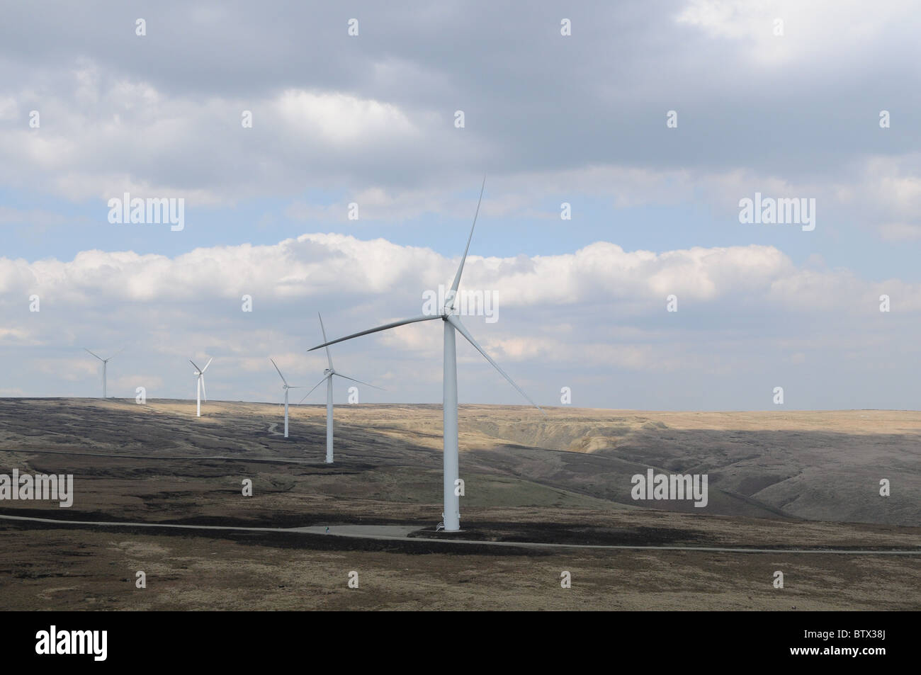 Wind Turbines operating on Scout Moor wind farm Lancashire Stock Photo ...