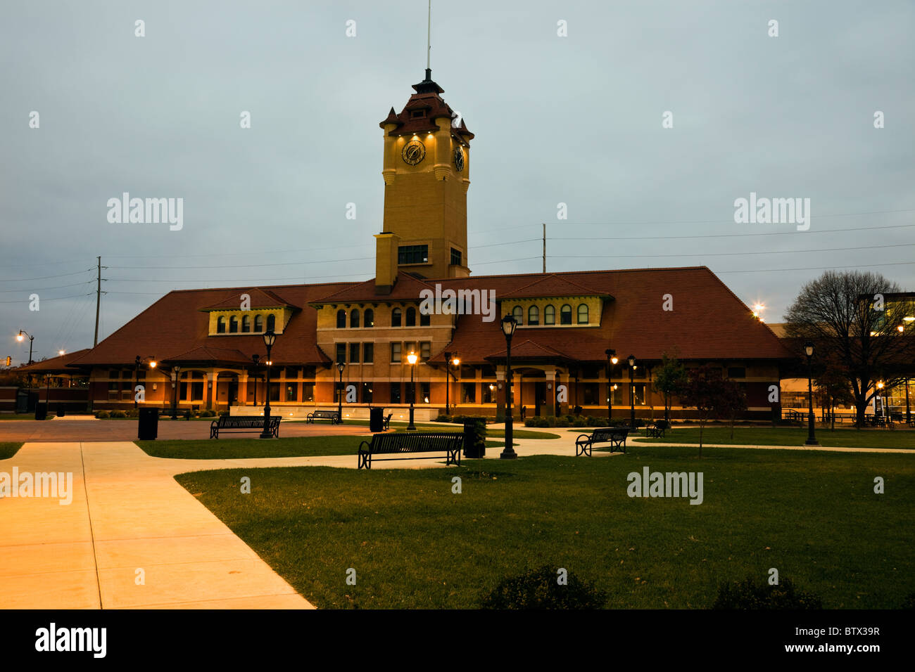 Dusk by clock tower in downtown Springfield Stock Photo - Alamy