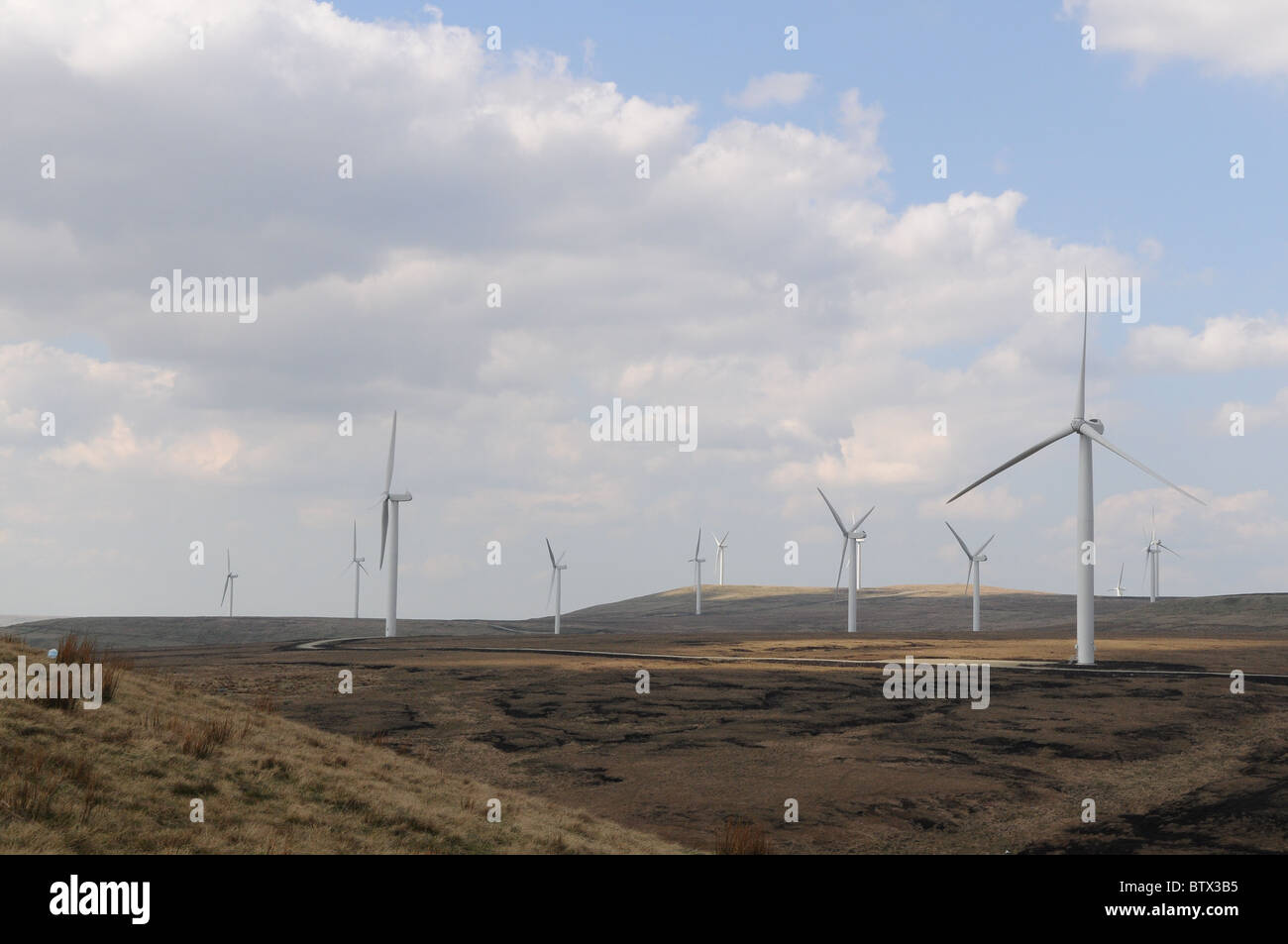 Wind Turbines operating on Scout Moor wind farm Lancashire Stock Photo ...