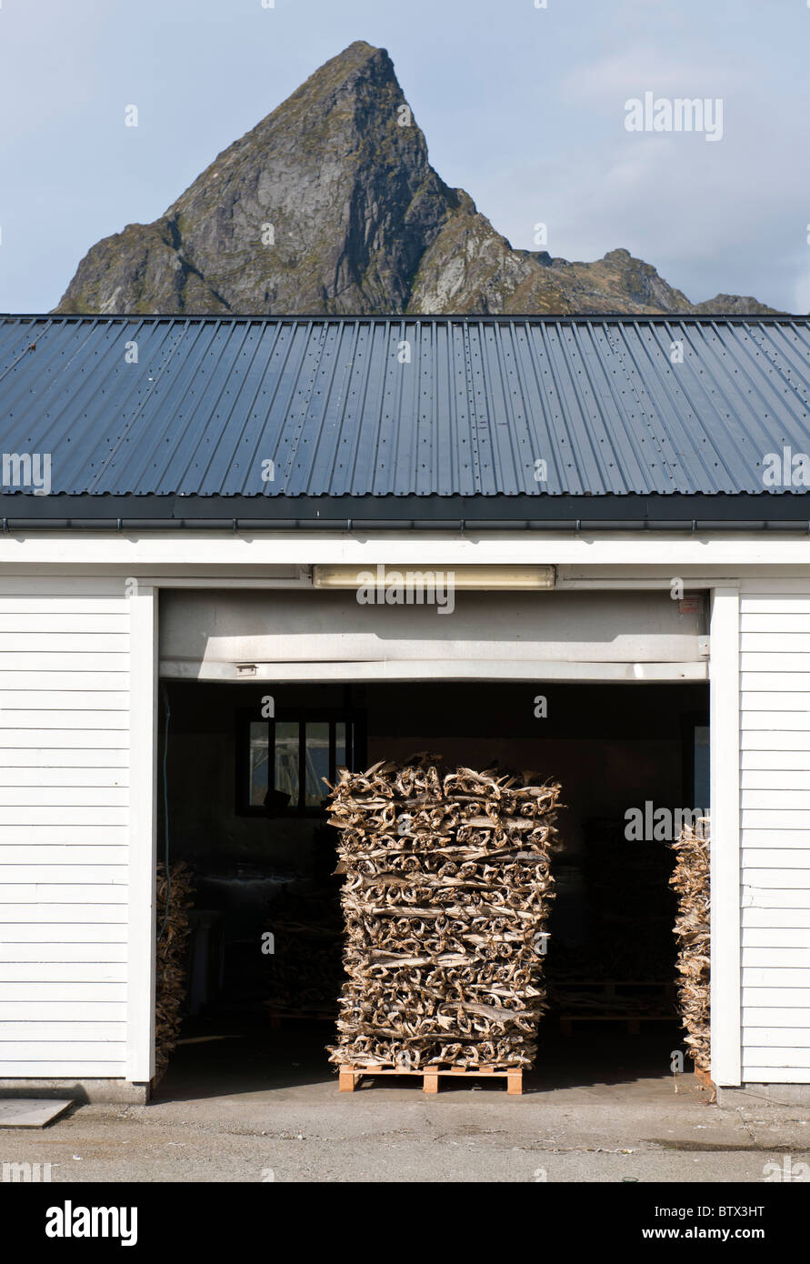 A pallet with stockfish (dried cod) in a door opening. Steep mountain ...