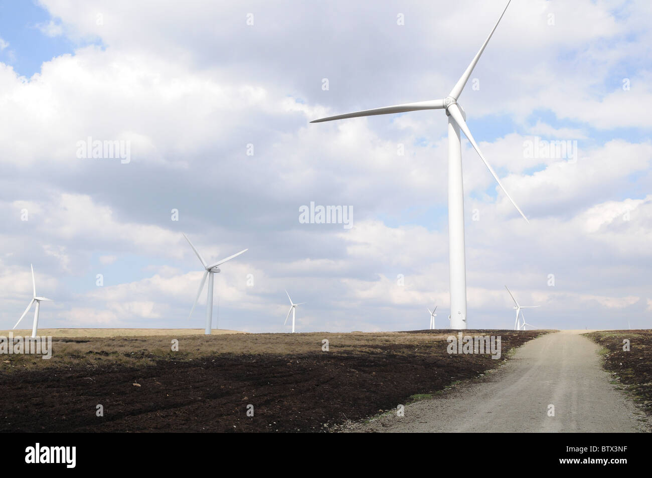 Wind Turbines operating on Scout Moor wind farm Lancashire Stock Photo ...