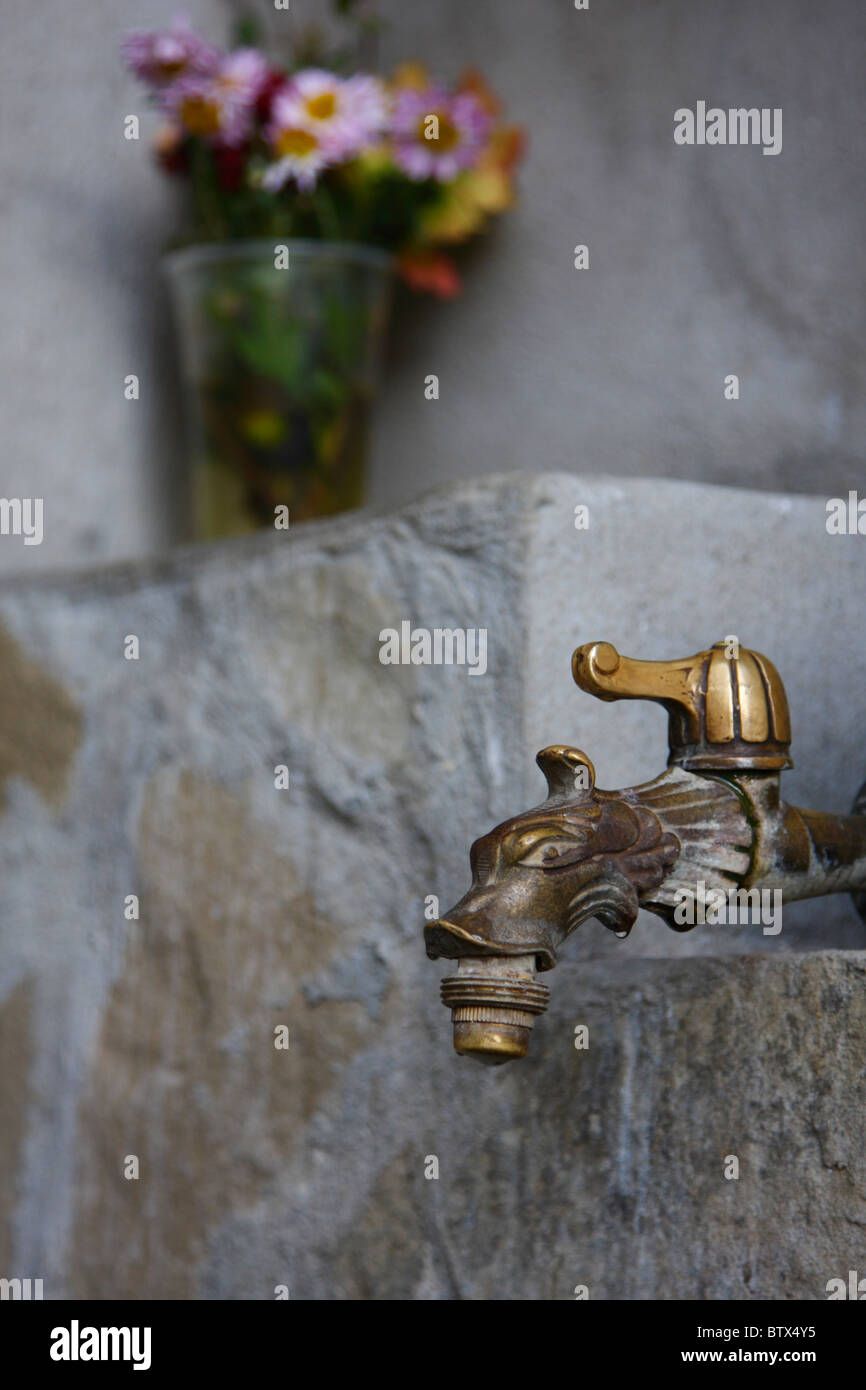 Old brass water tap with flowers in background Stock Photo - Alamy