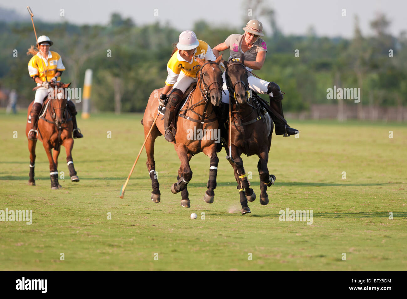 Two female polo players compete for the ball Stock Photo - Alamy