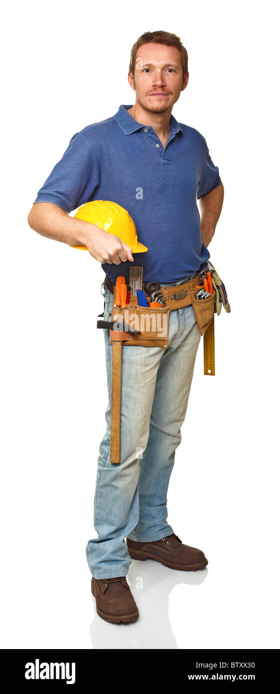 standing manual worker portrait on white background Stock Photo - Alamy