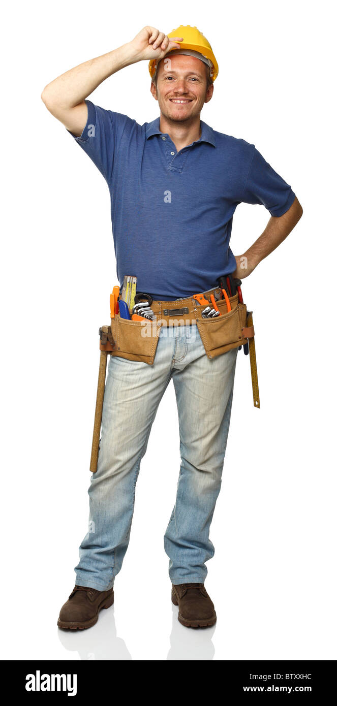 smiling manual worker fine portrait isolated on white background Stock ...