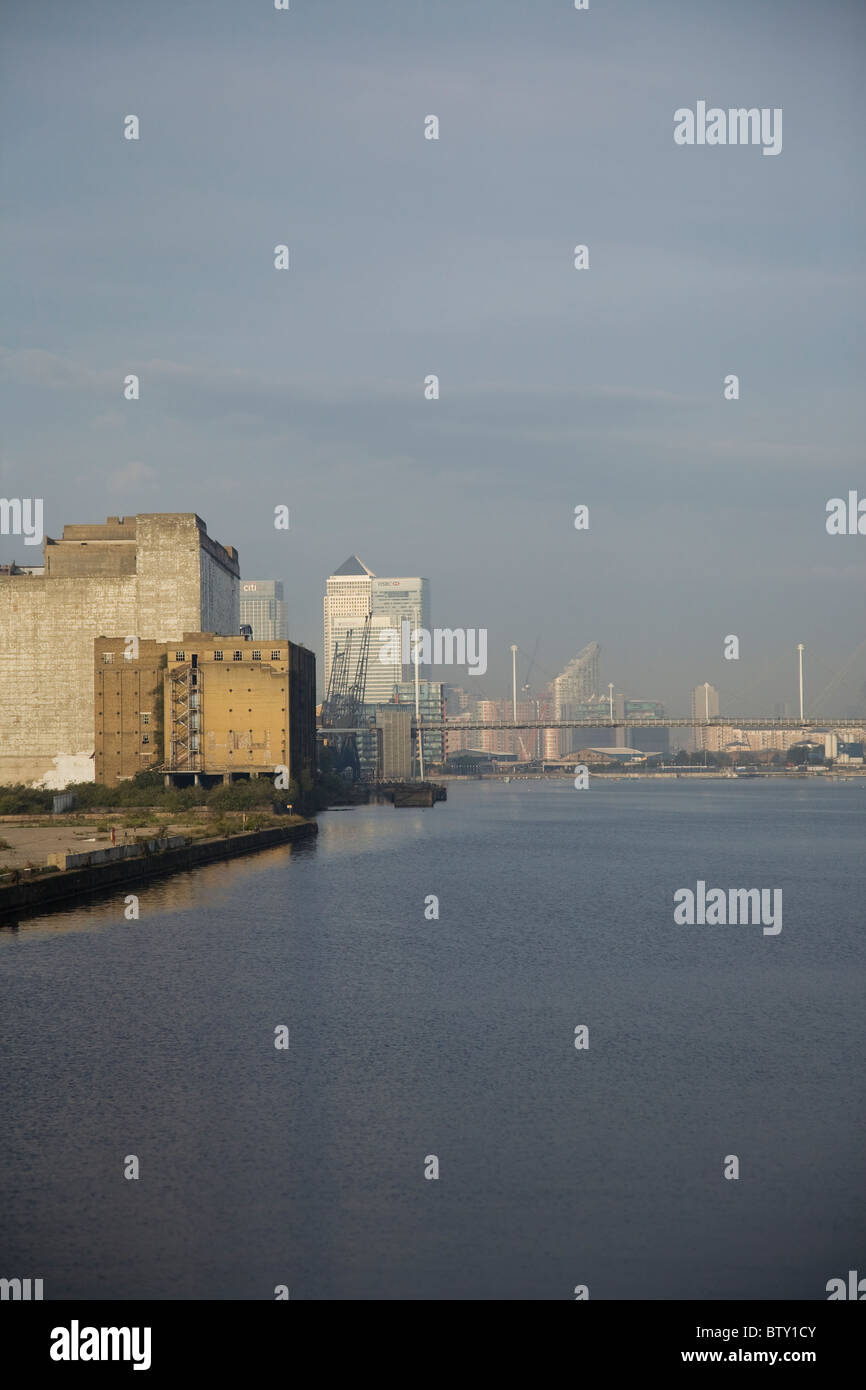 Royal Victoria Dock in London Docklands with canary wharf in the ...